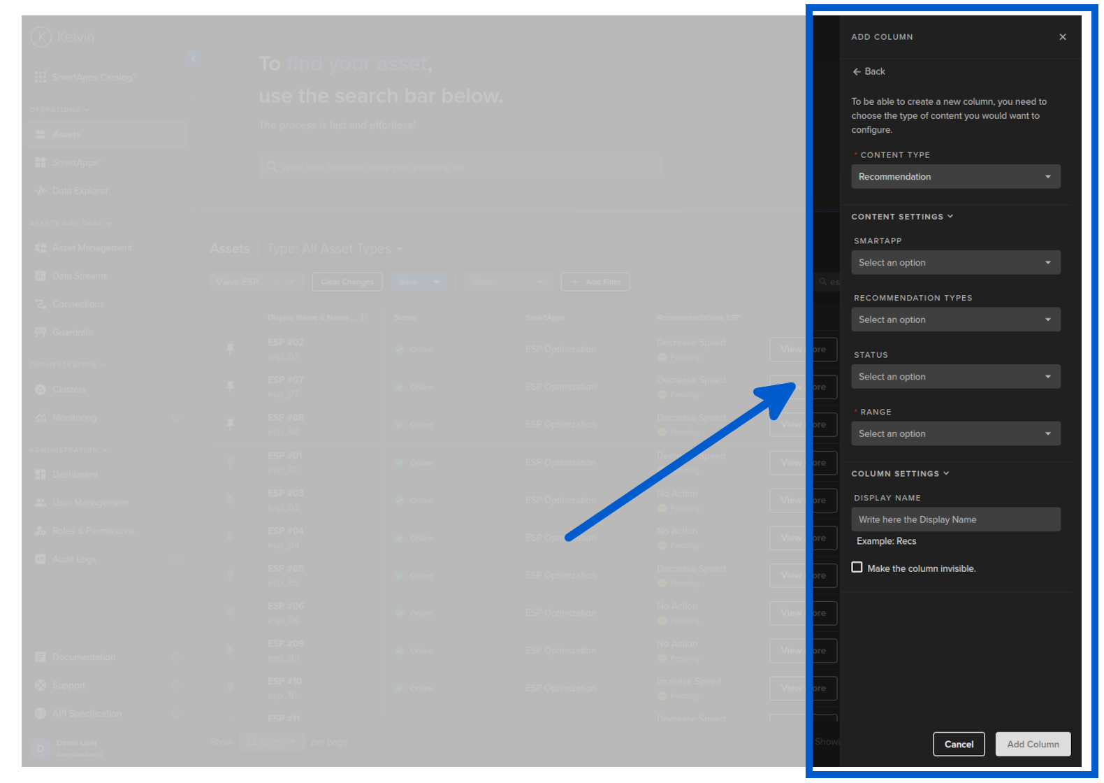 Customize Columns - Kelvin Documentation