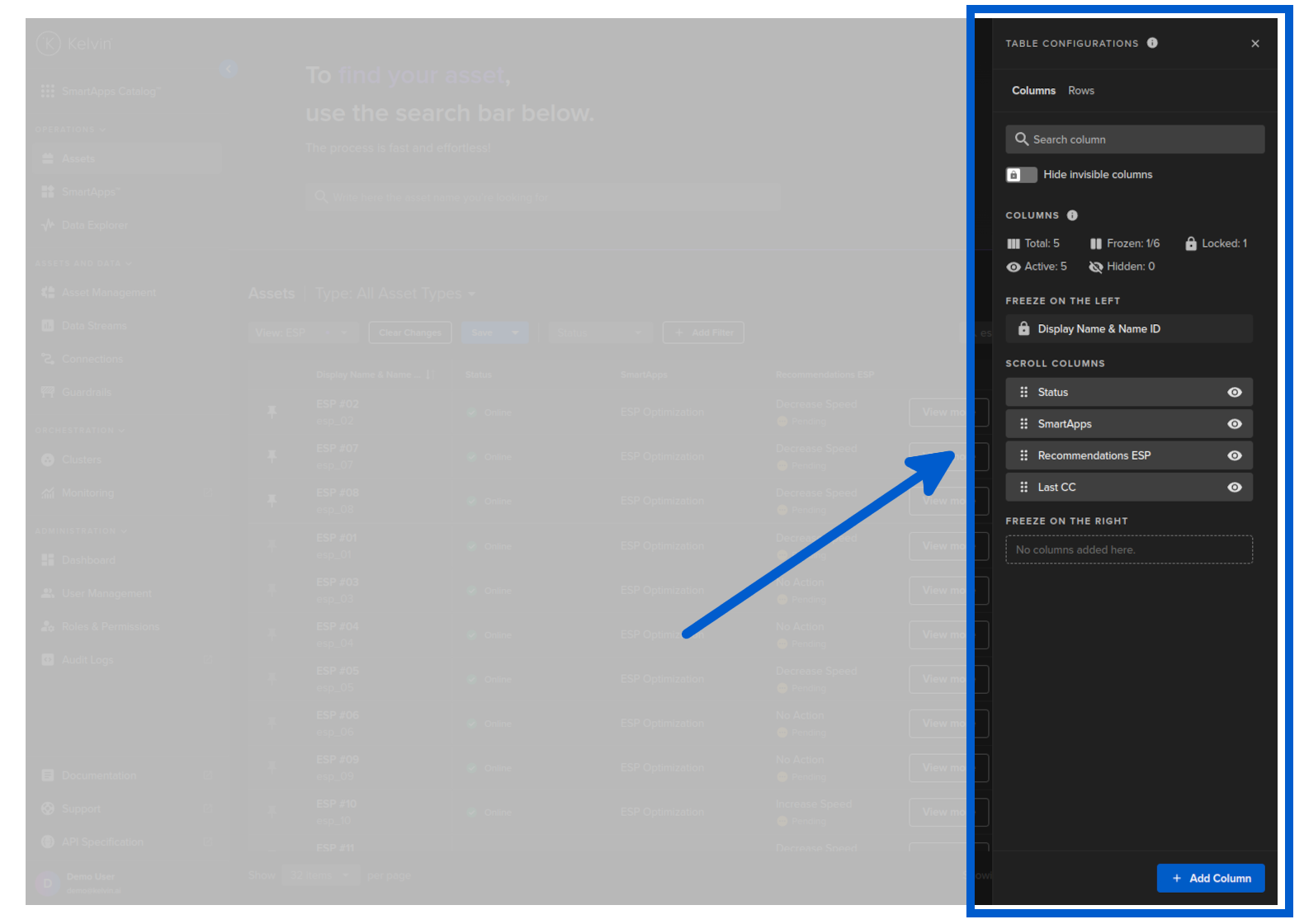 Customize Columns - Kelvin Documentation