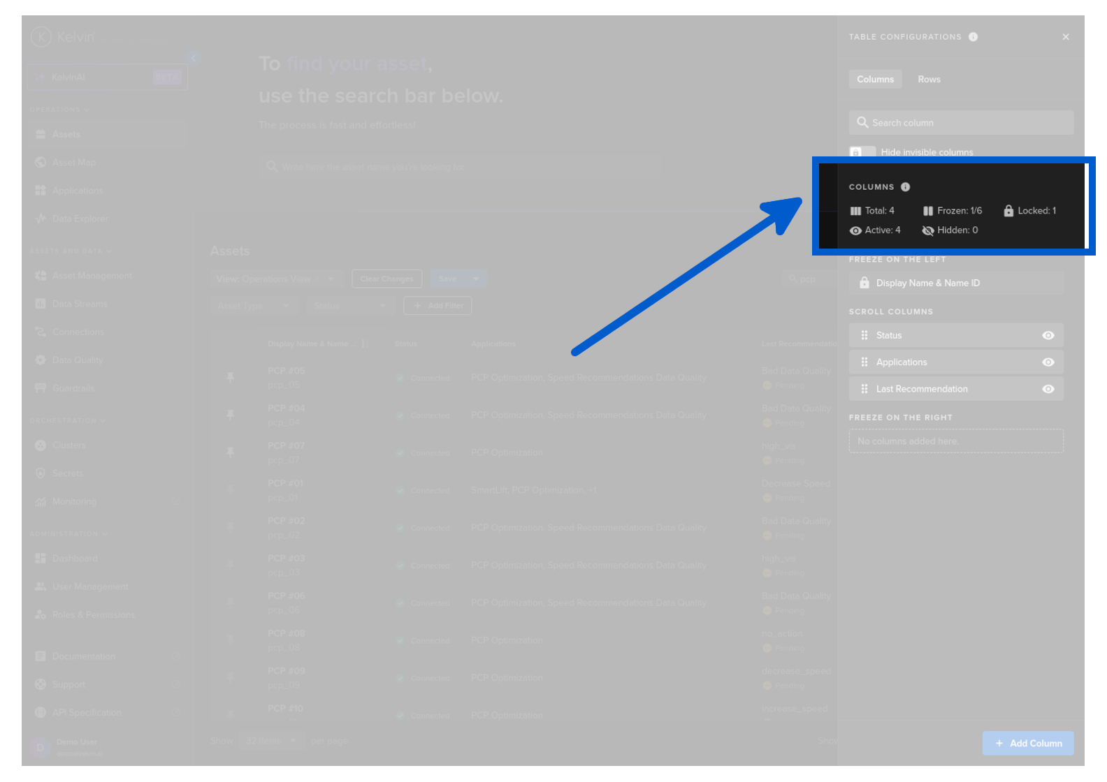 Customize Columns - Kelvin Documentation